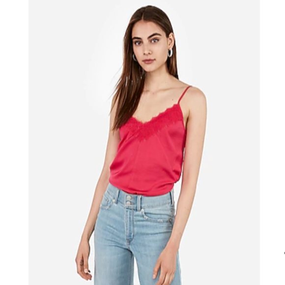 Express | Tops | Hot Pink Satin Lace Trim Cami | Poshmark